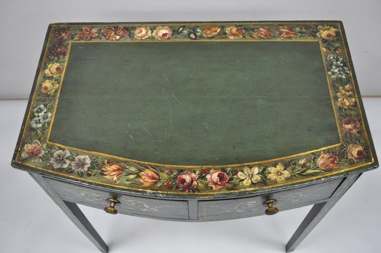 Antique Green Flower Painted Victorian 2-Drawer Demilune Hall Console ...