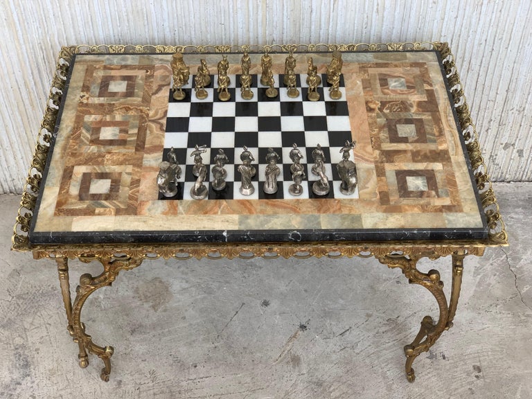 19th Century Bronze Game of Chess with Marble-Top and Bronze Legs Table ...
