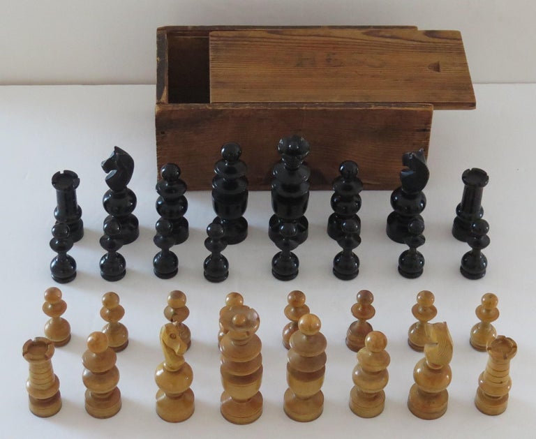 19th C Antique Chess Set Game in Regency Shape with Pine Lidded Box ...