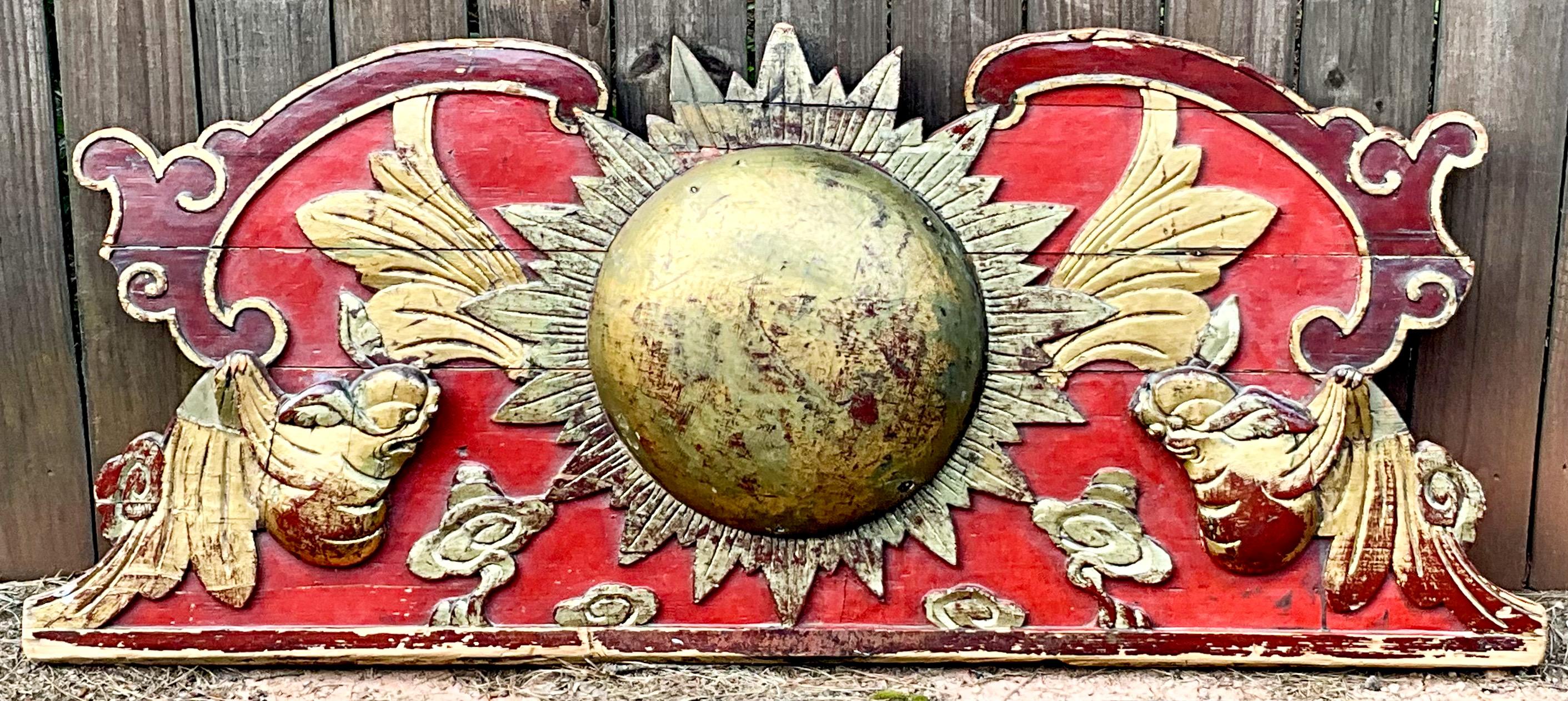 19th-C. Asian / Chinese Architectural Carved Wood Wall Fragment with ...