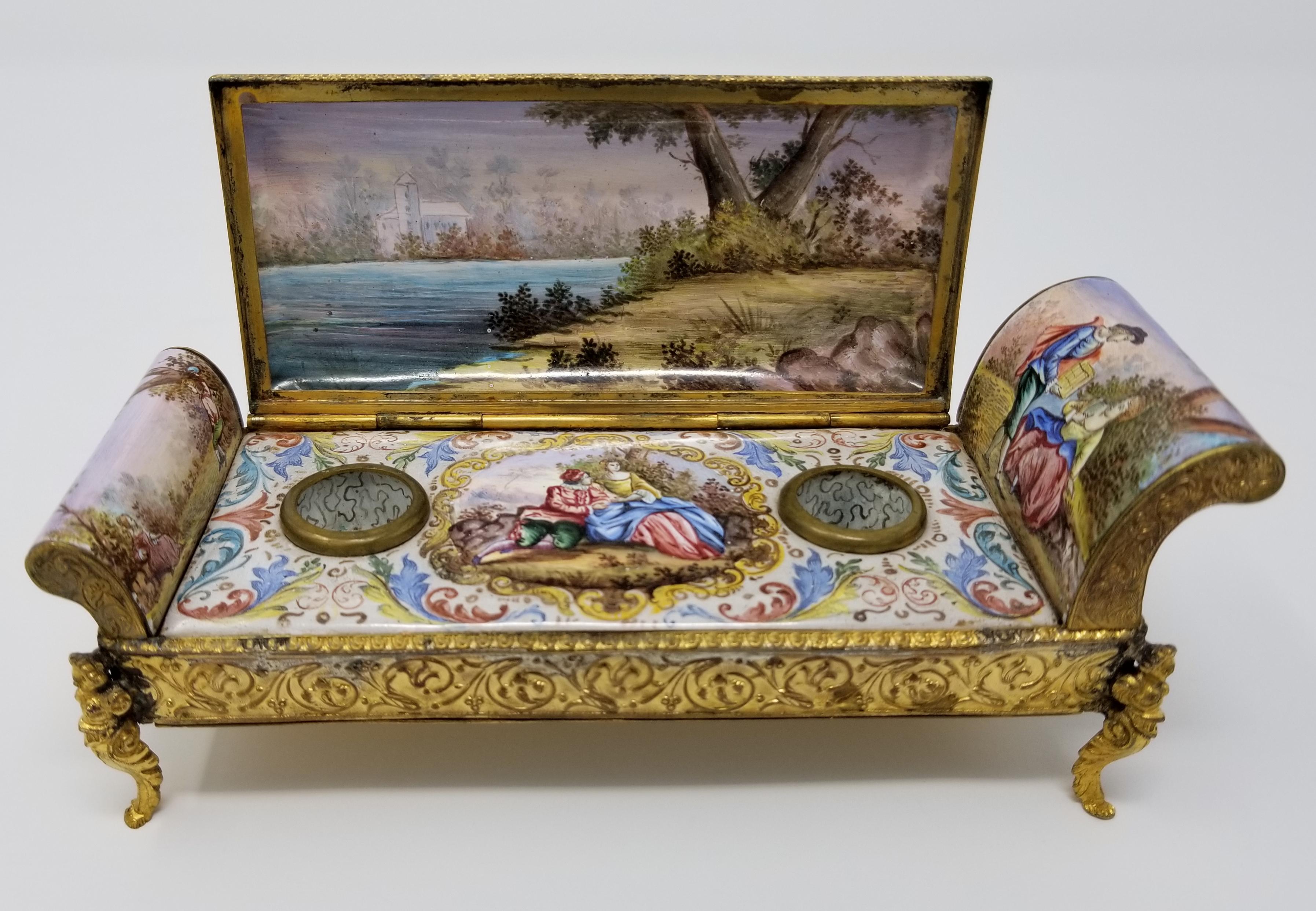Austrian Viennese Enamel Inkwell Recamier with Classical/ Landscape ...