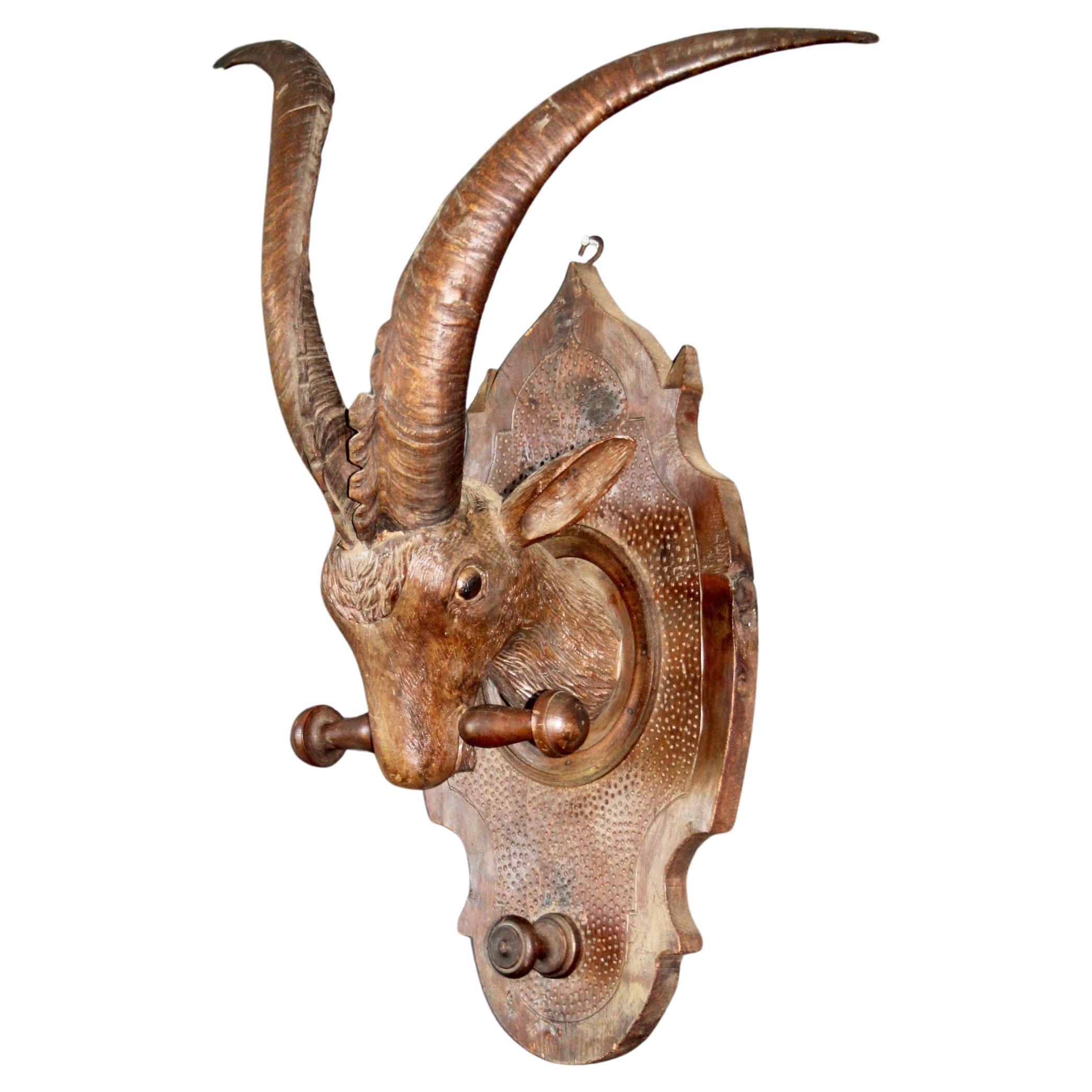 19th C. Black Forest Wall Mounted S Swiss Carved Wood Goat on a Plaque ...