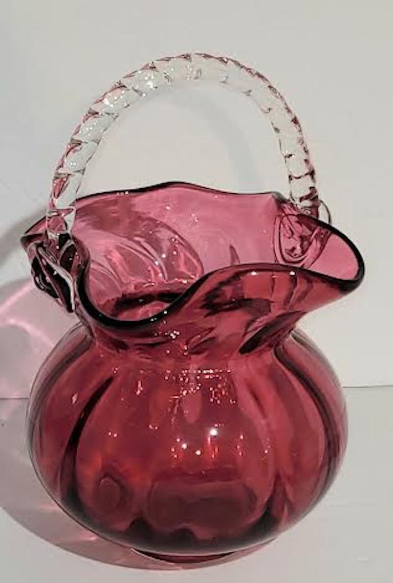 19th C Cranberry Glass Pitcher and Basket For Sale at 1stDibs
