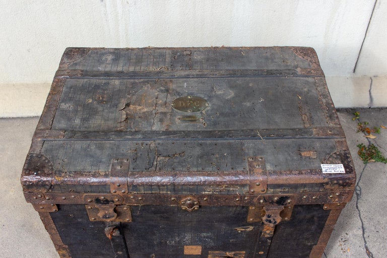 19th Century Distressed Black Canvas and Leather Trunk with Monogrammed ...