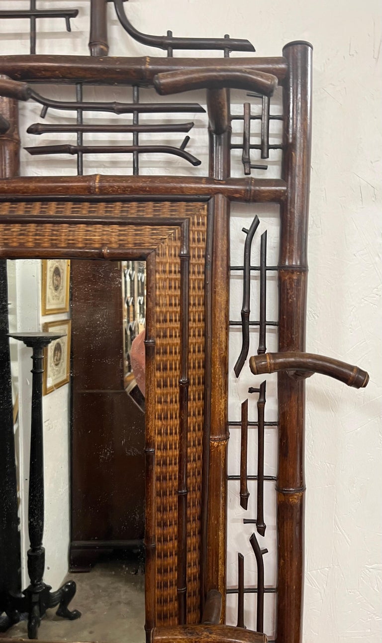 19th-C. English Burnt Bamboo Hall Tree W/ Mirror / Coat Rack / Umbrella ...