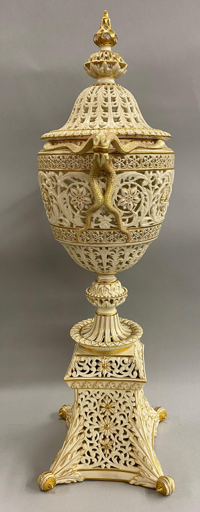 English Grainger Royal Worcester Gilt Ivory Porcelain Reticulated Urn ...