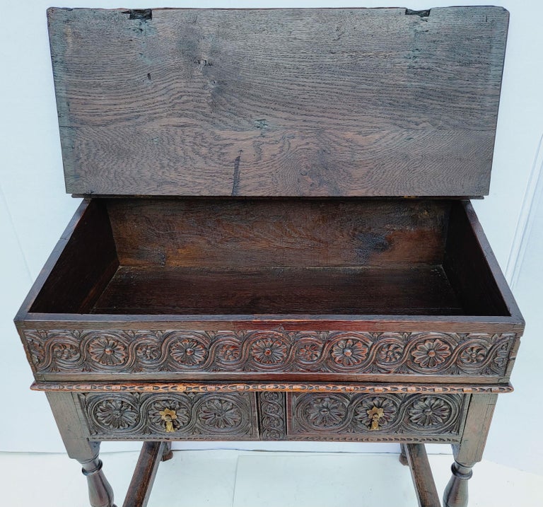 19th-C. English Jacobean Carved Oak Slant Top Writing Desk For Sale at ...