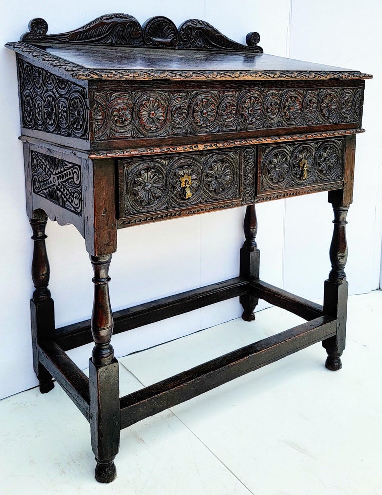 19th-C. English Jacobean Carved Oak Slant Top Writing Desk For Sale at ...