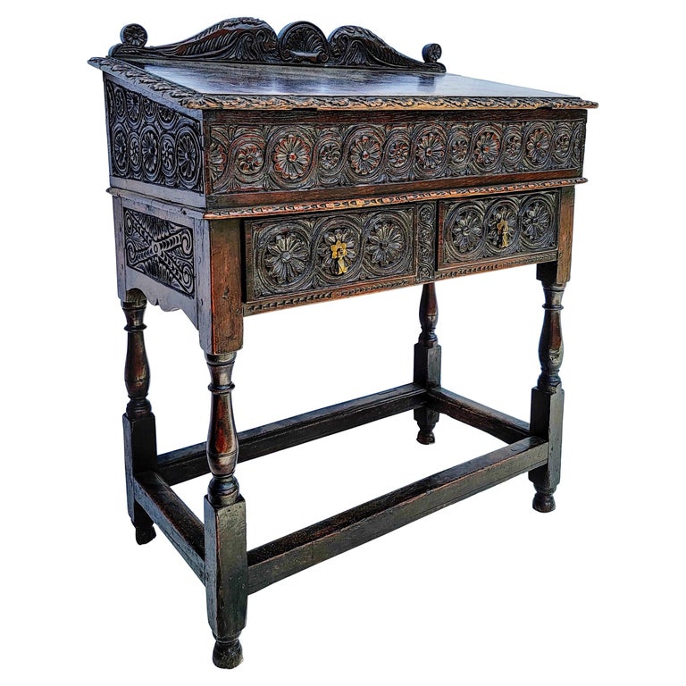 19th-C. English Jacobean Carved Oak Slant Top Writing Desk For Sale at ...