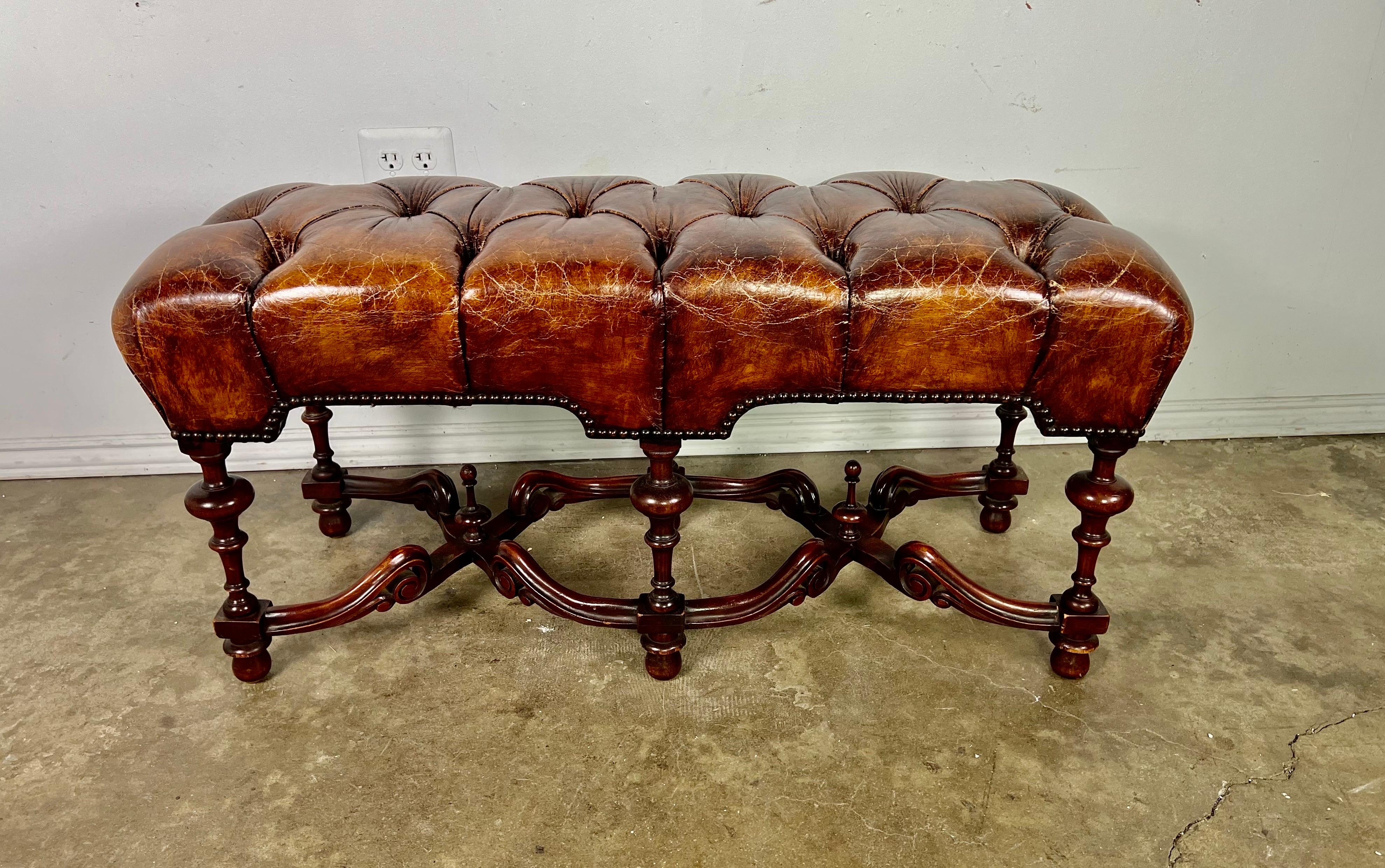 19th C. English Leather Tufted Bench For Sale at 1stDibs