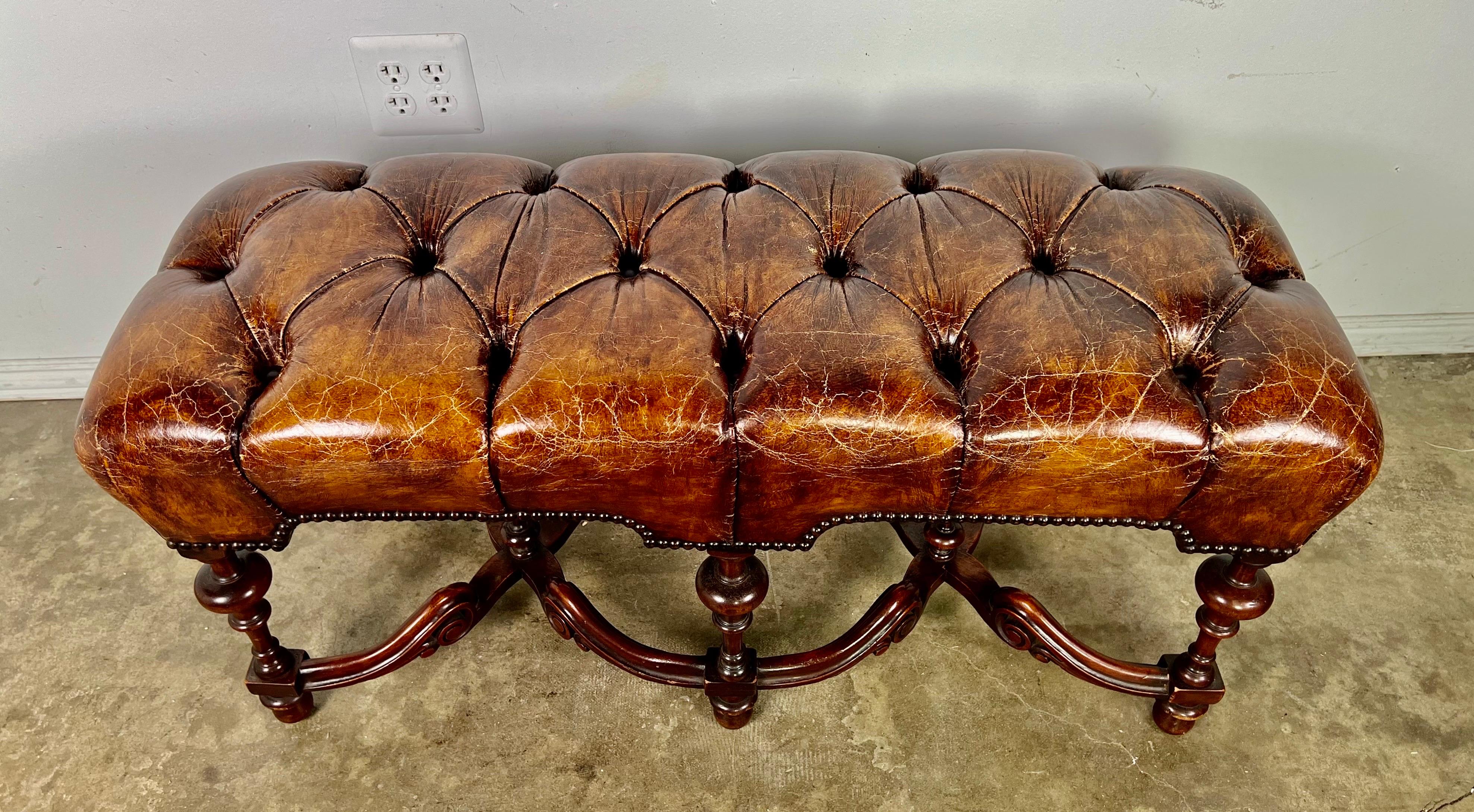 19th C. English Leather Tufted Bench For Sale at 1stDibs