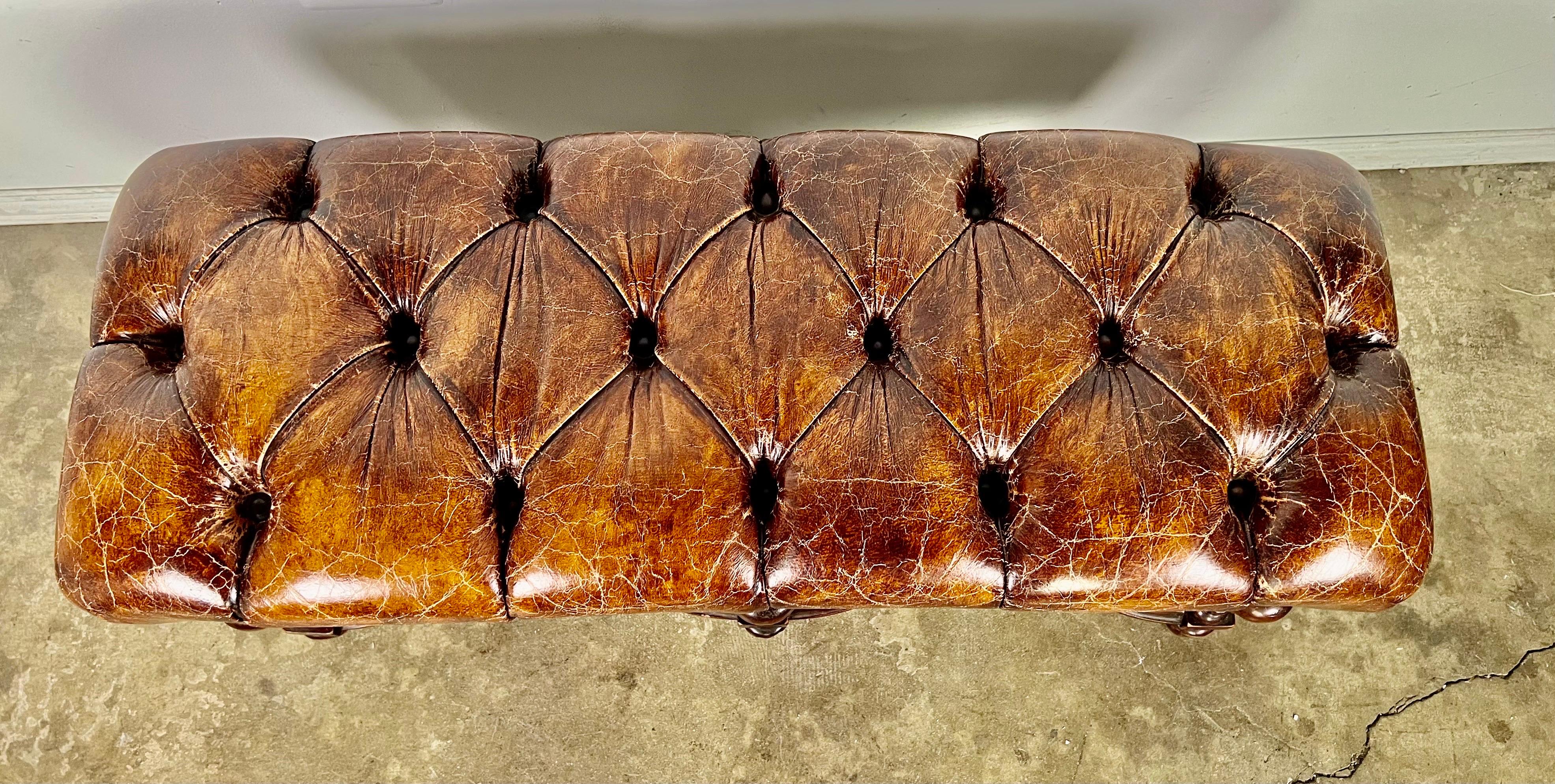 19th C. English Leather Tufted Bench For Sale at 1stDibs