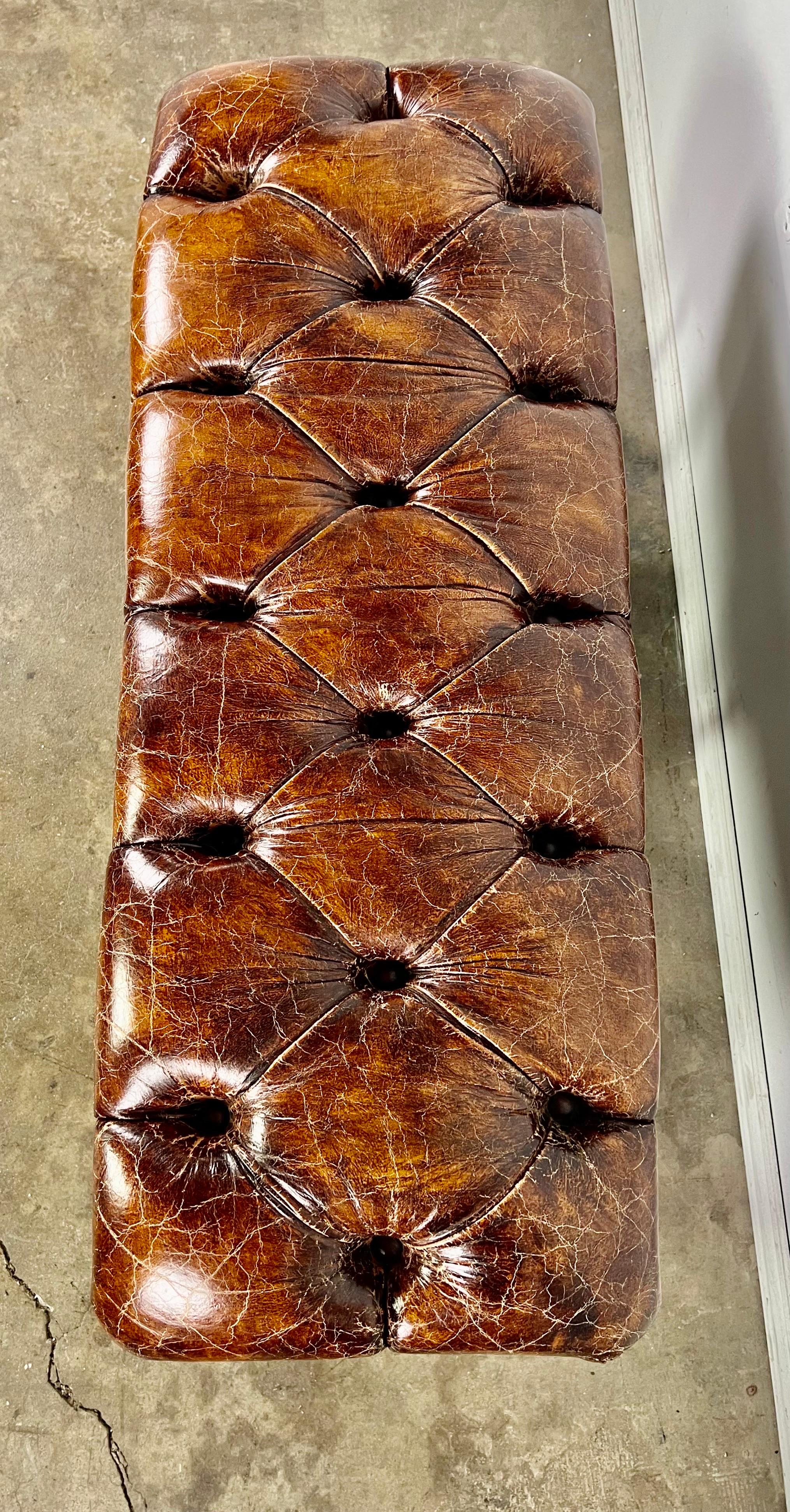 19th C. English Leather Tufted Bench For Sale at 1stDibs