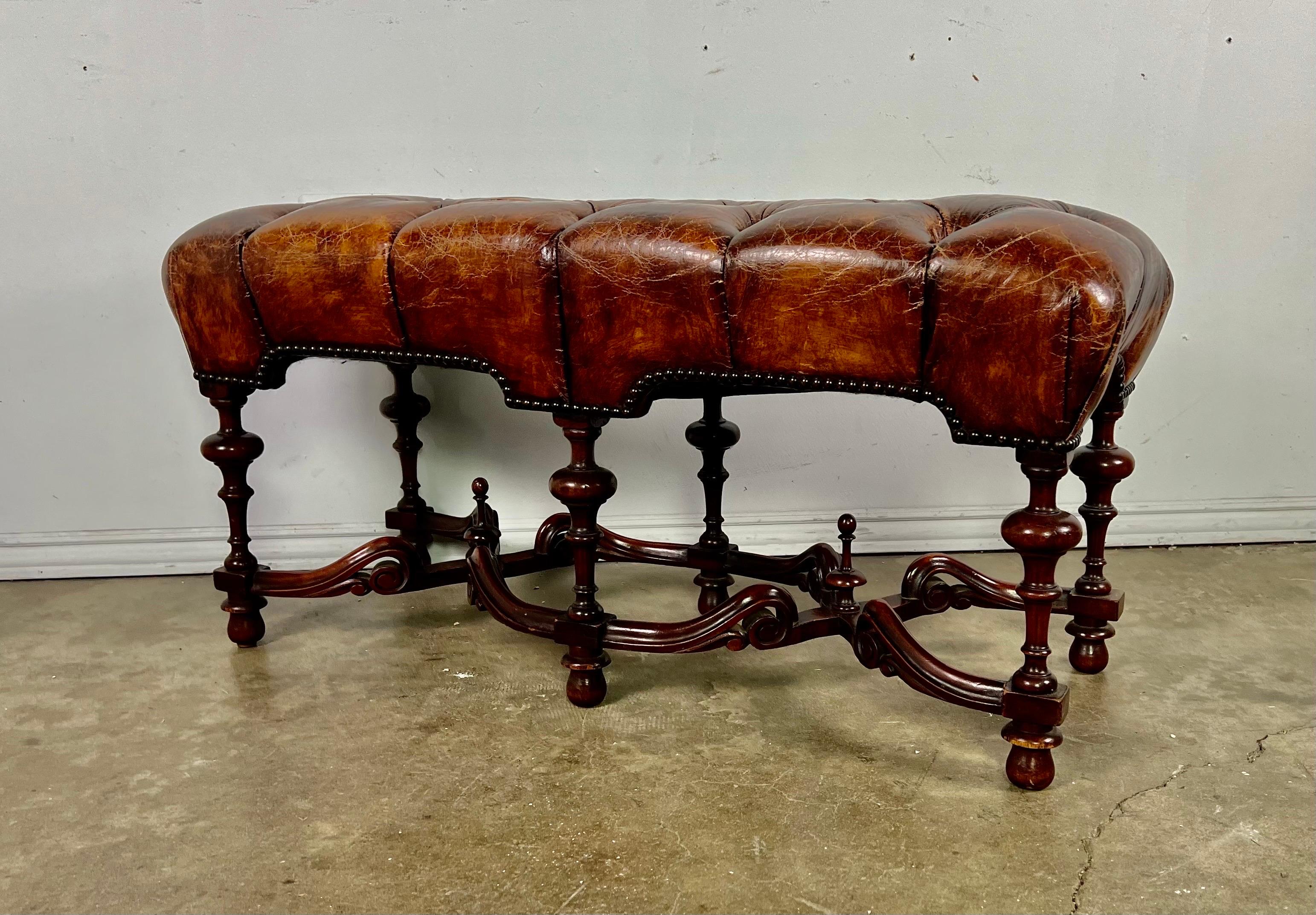 19th C. English Leather Tufted Bench For Sale at 1stDibs