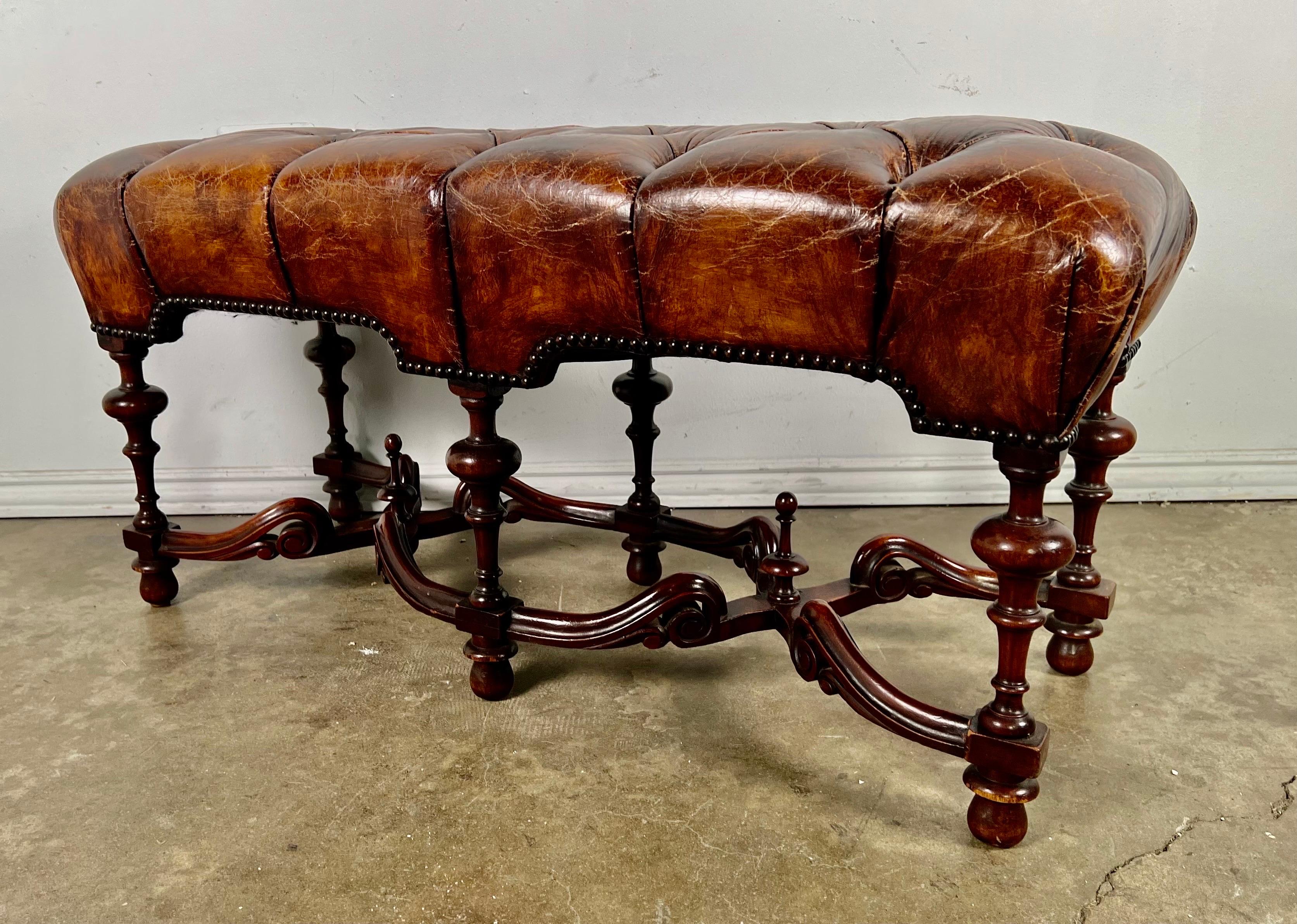 19th C. English Leather Tufted Bench For Sale at 1stDibs