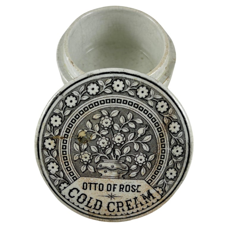 19th-C English Transfer Printed Chemists Pot and Lid, Otto of Rose Cold ...