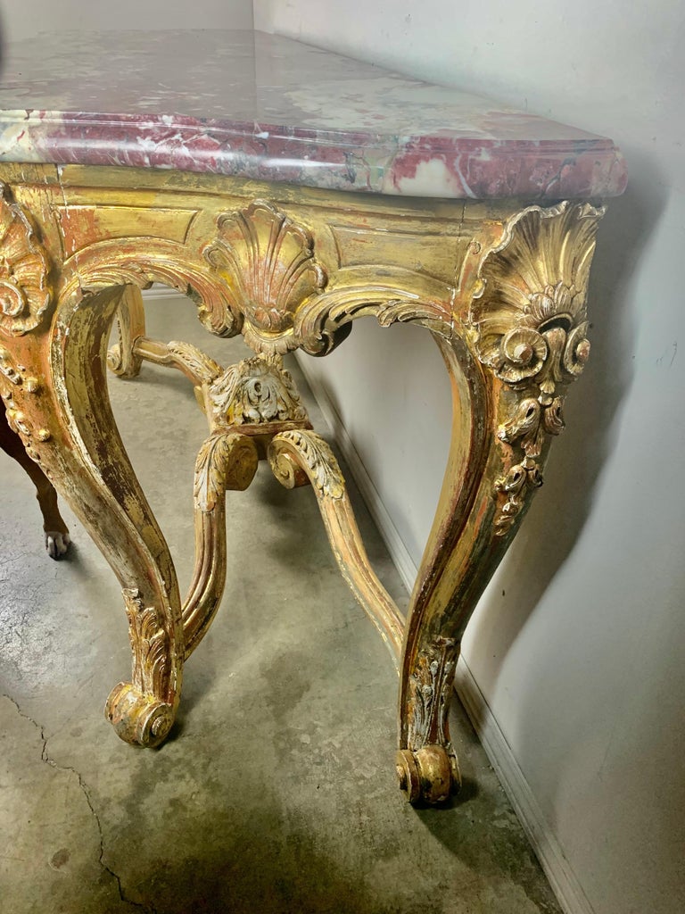 19th C. French Giltwood Rococo Style Console with Marble Top at 1stDibs