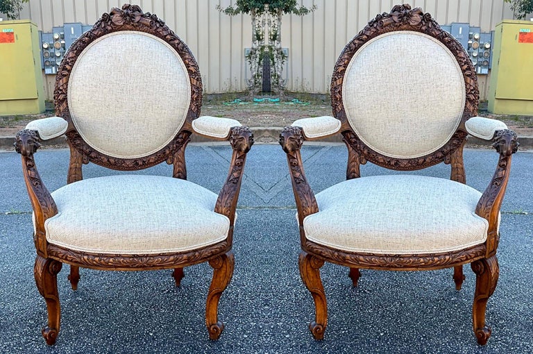 19th-C. French Neo-Classical Carved Walnut Bergere Chairs With Rams ...