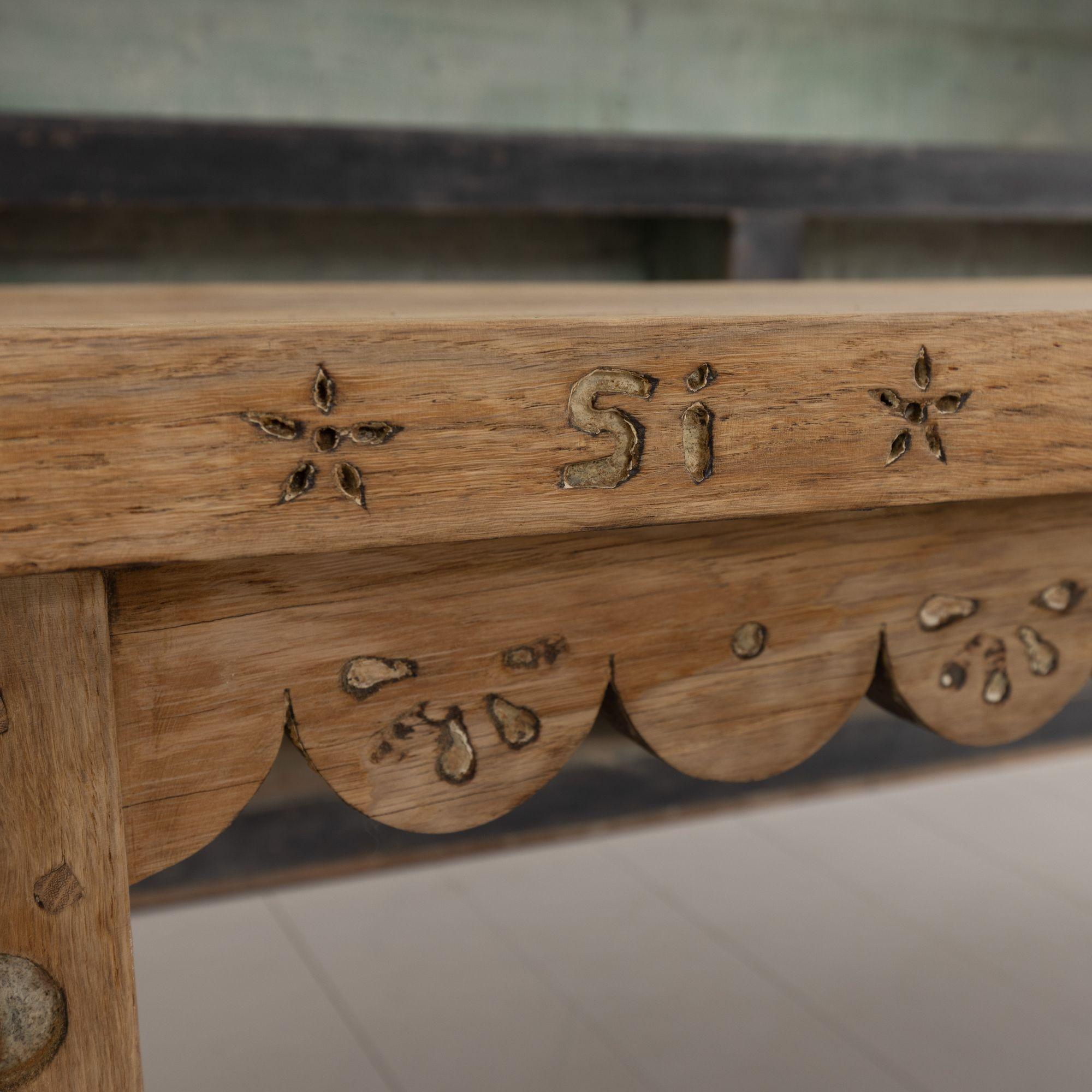 19th c. French Oak Farm Table with Scalloped Apron and Latin Carvings ...
