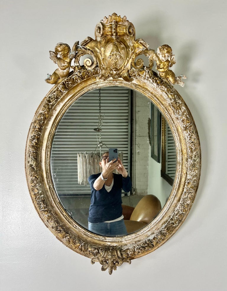 19th C. French Painted Mirror w/ Cherubs For Sale at 1stDibs