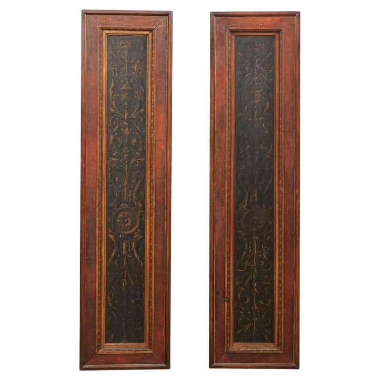 19th C. French Pair of Decoratively Hand-Painted Wooden Wall Panels, 6 ...