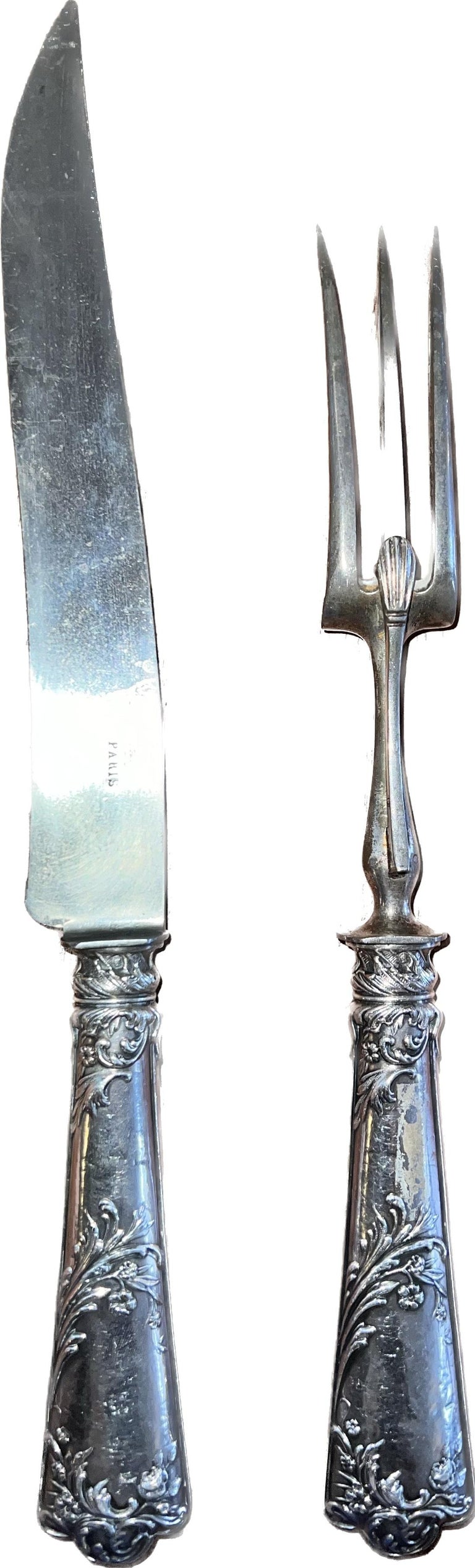 19th C. French Sterling Silver Carving Set with Stand (Fork, Knife ...