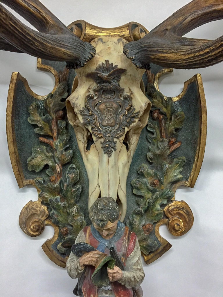 German Red Stag Trophy on Hand Carved Polychrome Black Forest Plaque at ...