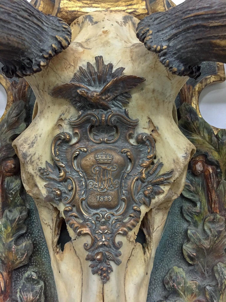 German Red Stag Trophy on Hand Carved Polychrome Black Forest Plaque at ...