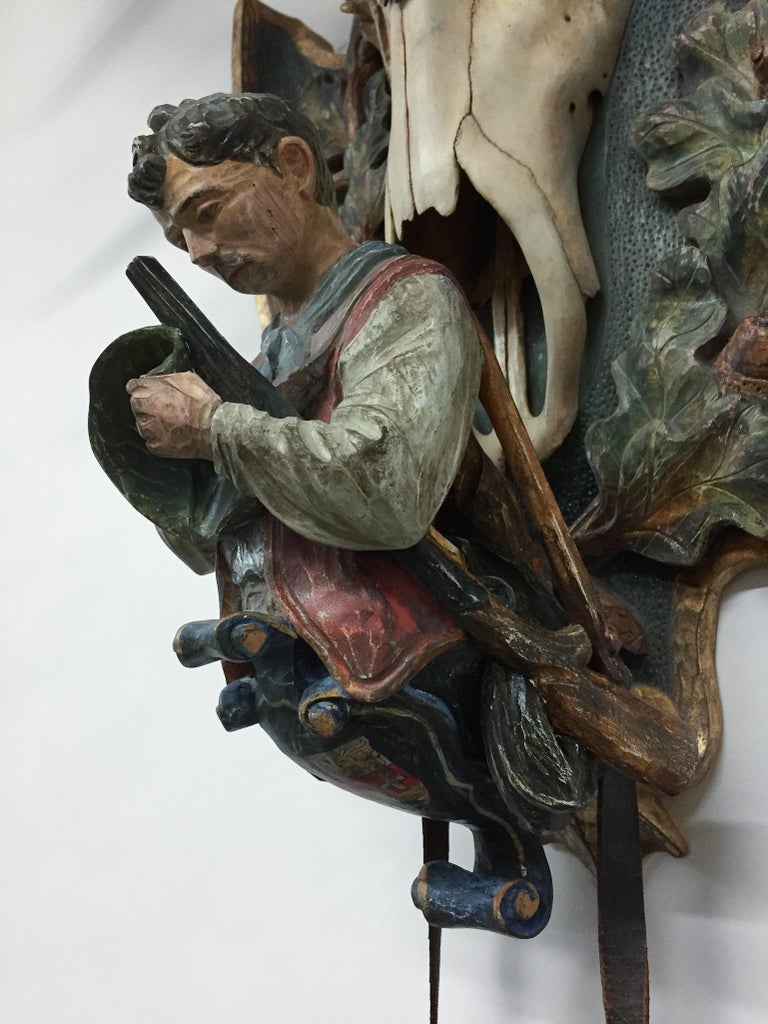 German Red Stag Trophy on Hand Carved Polychrome Black Forest Plaque at ...