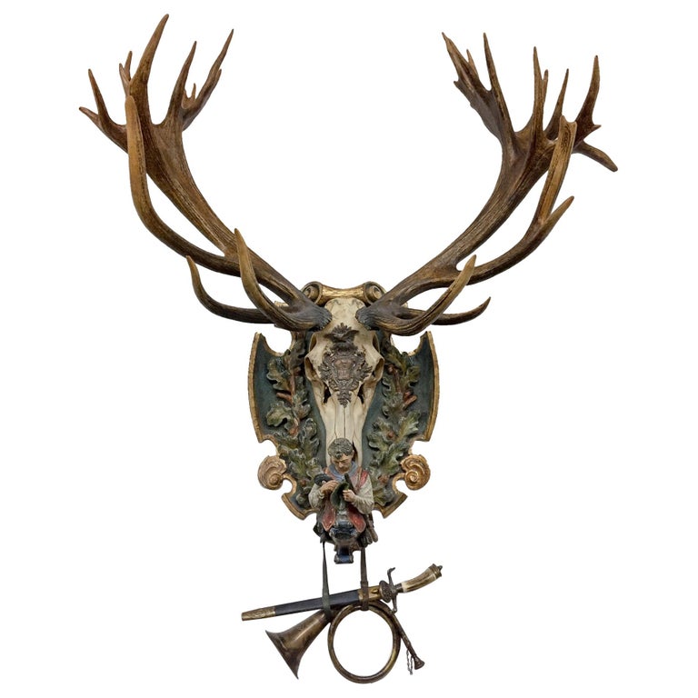 German Red Stag Trophy on Hand Carved Polychrome Black Forest Plaque at ...