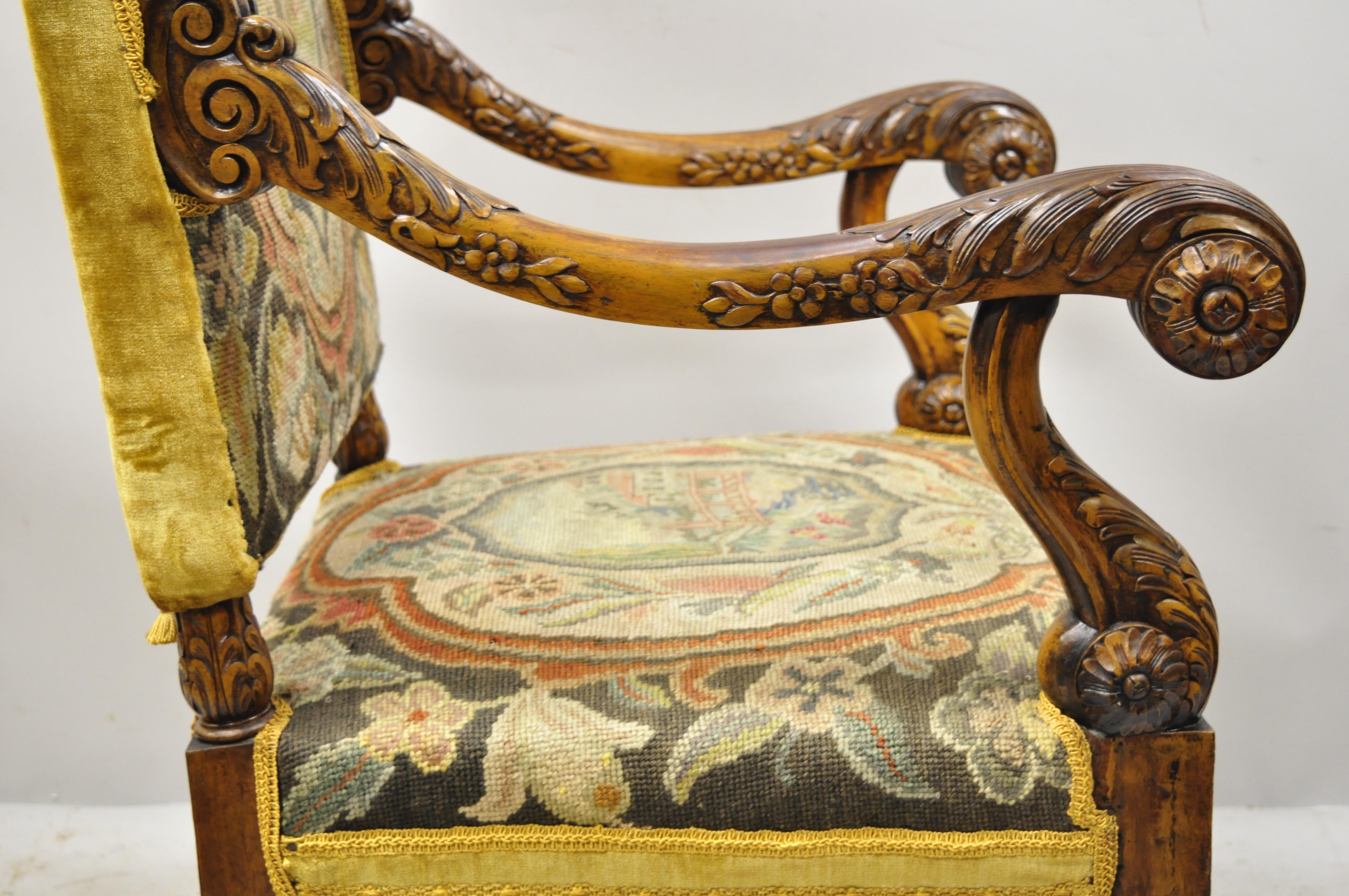 Italian Renaissance Carved Walnut Figural Needlepoint Throne Armchair ...