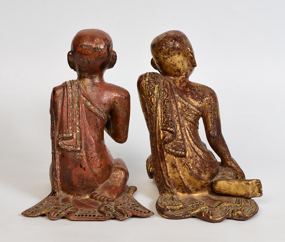19th C., Mandalay, a Pair of Antique Burmese Wooden Seated Monks ...