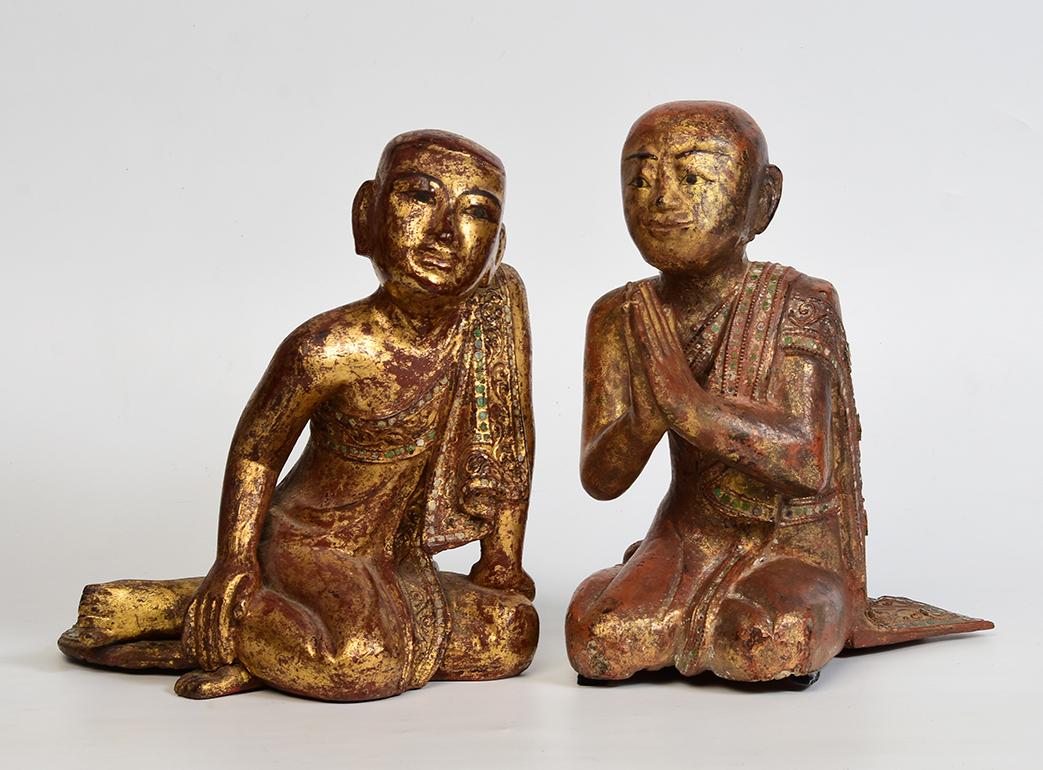 19th C., Mandalay, a Pair of Antique Burmese Wooden Seated Monks ...