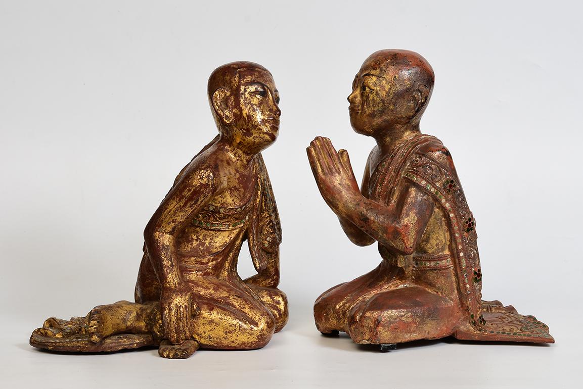 19th C., Mandalay, a Pair of Antique Burmese Wooden Seated Monks ...
