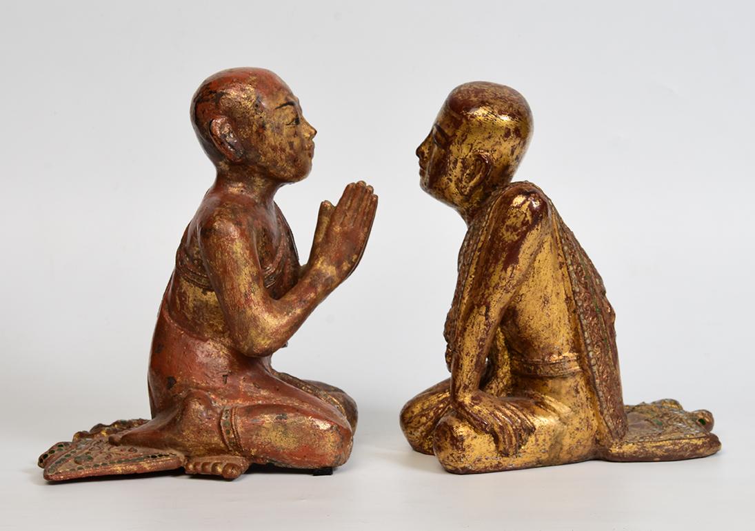 19th C., Mandalay, a Pair of Antique Burmese Wooden Seated Monks ...
