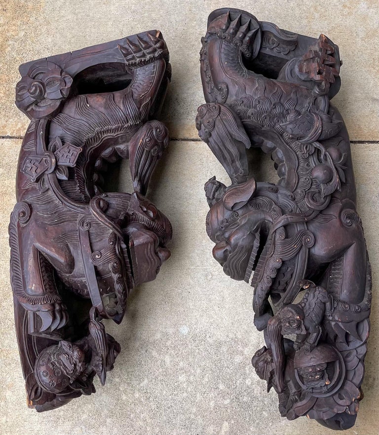 19th-C. Monumental Chinese Carved Food Dog Corbels / Architectural ...