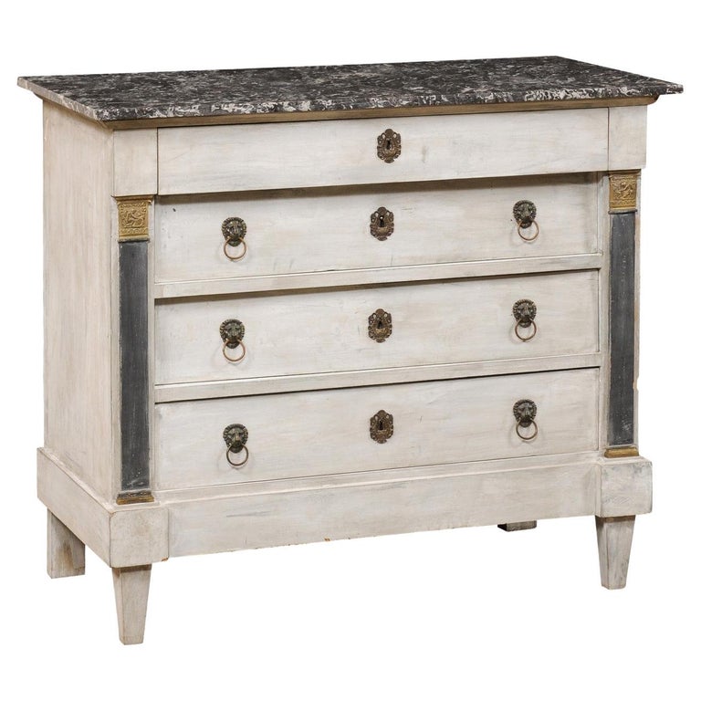 19th C. Neoclassic French Painted Commode W/Marble Top and Lion's Head ...