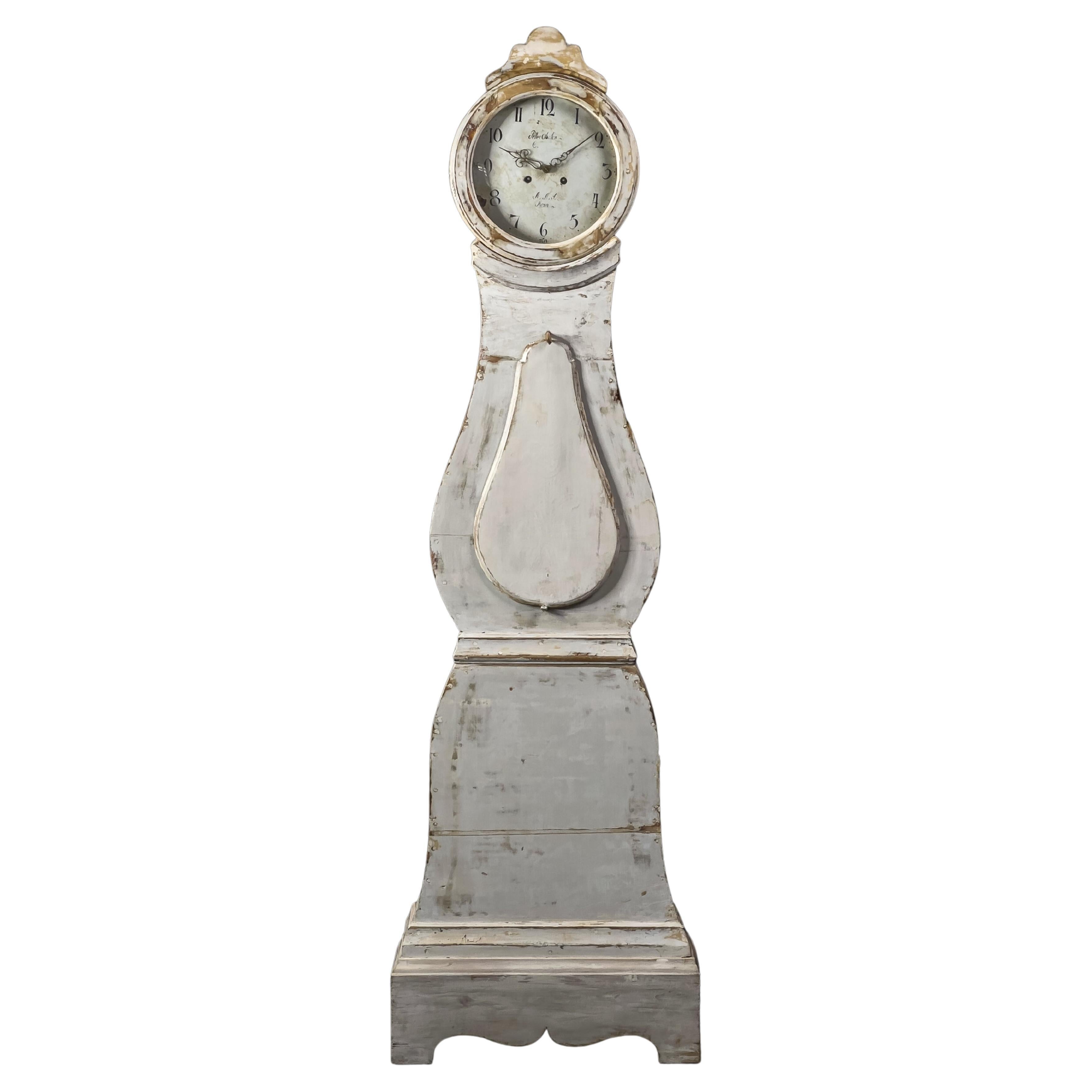 19th Century Painted Swedish Blue Painted Wood Clock For Sale at 1stDibs