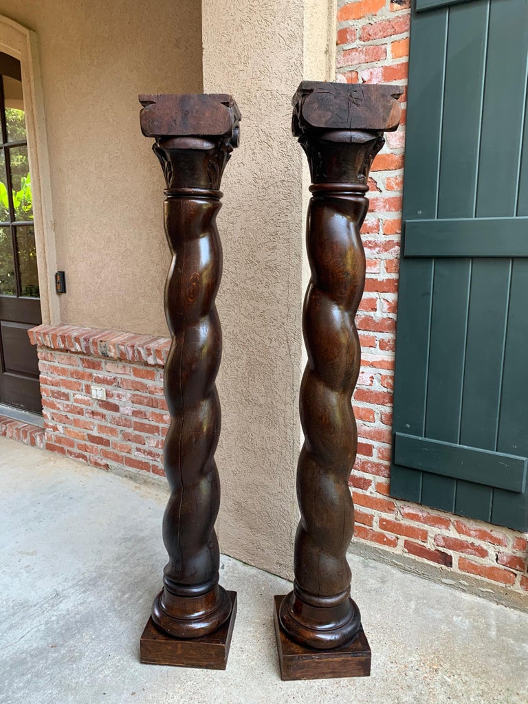 Pair of French Carved Oak Barley Twist Column Baluster Architectural ...
