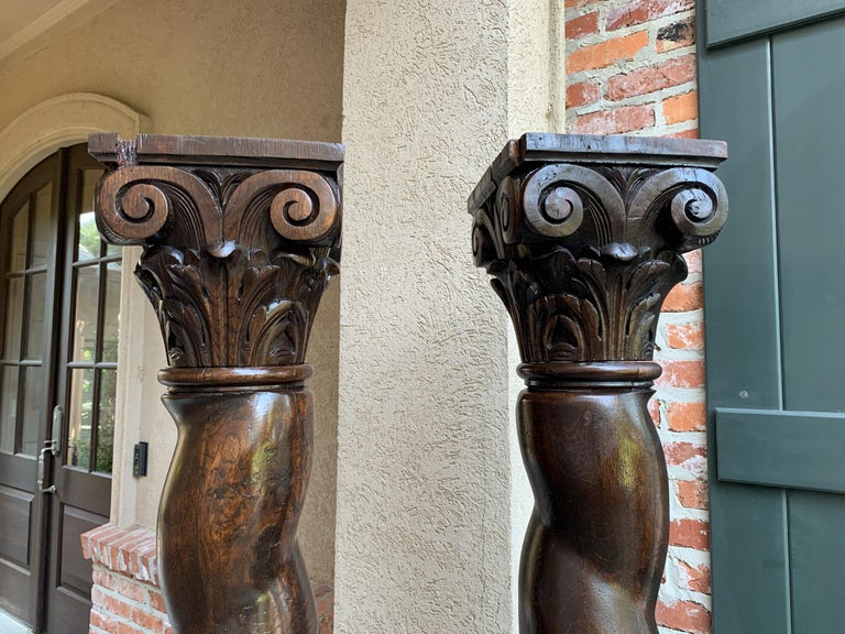 Pair of French Carved Oak Barley Twist Column Baluster Architectural ...