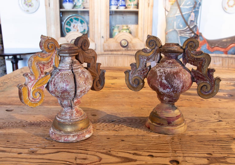 19th C Pair of Hand Painted Wooden Finials in the Shape of a Vase with ...