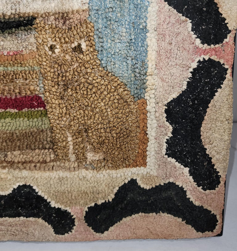 19th C Pictorial Dog and Cat Hand Hooked Rug For Sale at 1stDibs