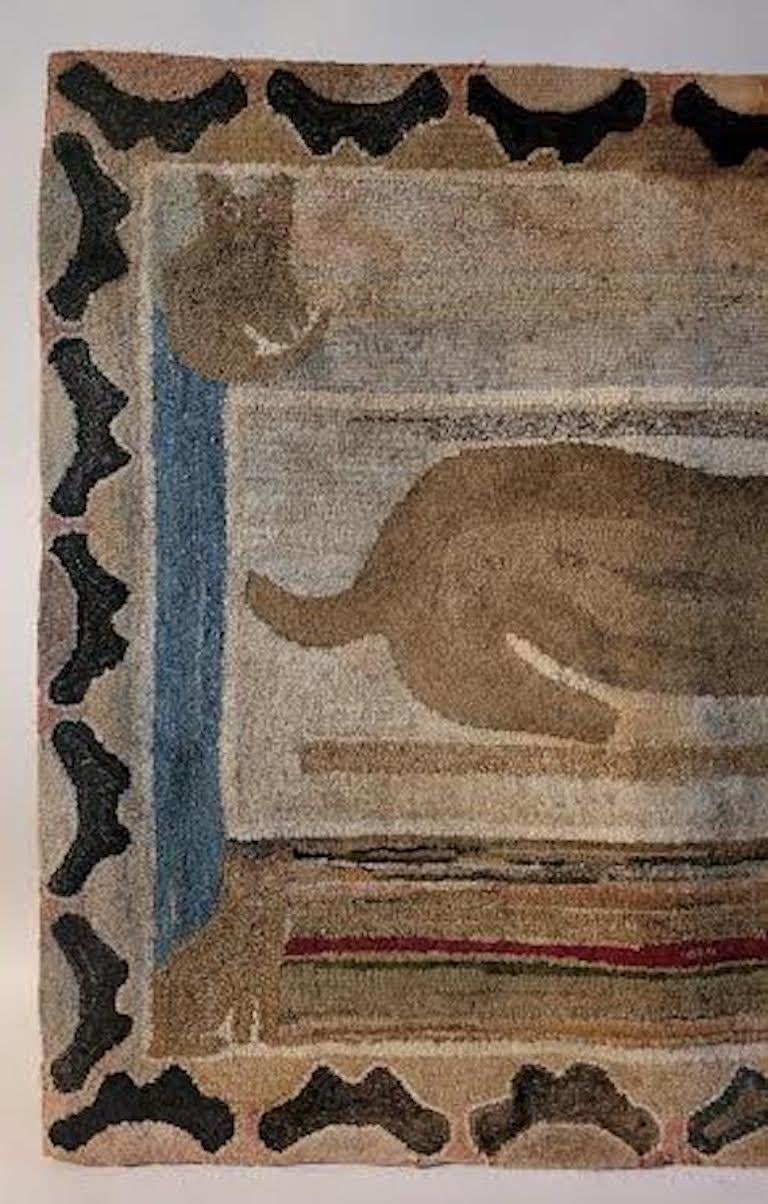 19th C Pictorial Dog and Cat Hand Hooked Rug For Sale at 1stDibs
