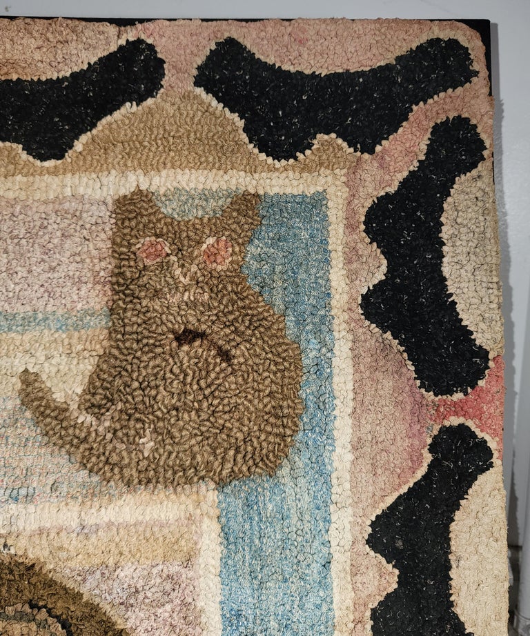 19th C Pictorial Dog and Cat Hand Hooked Rug For Sale at 1stDibs