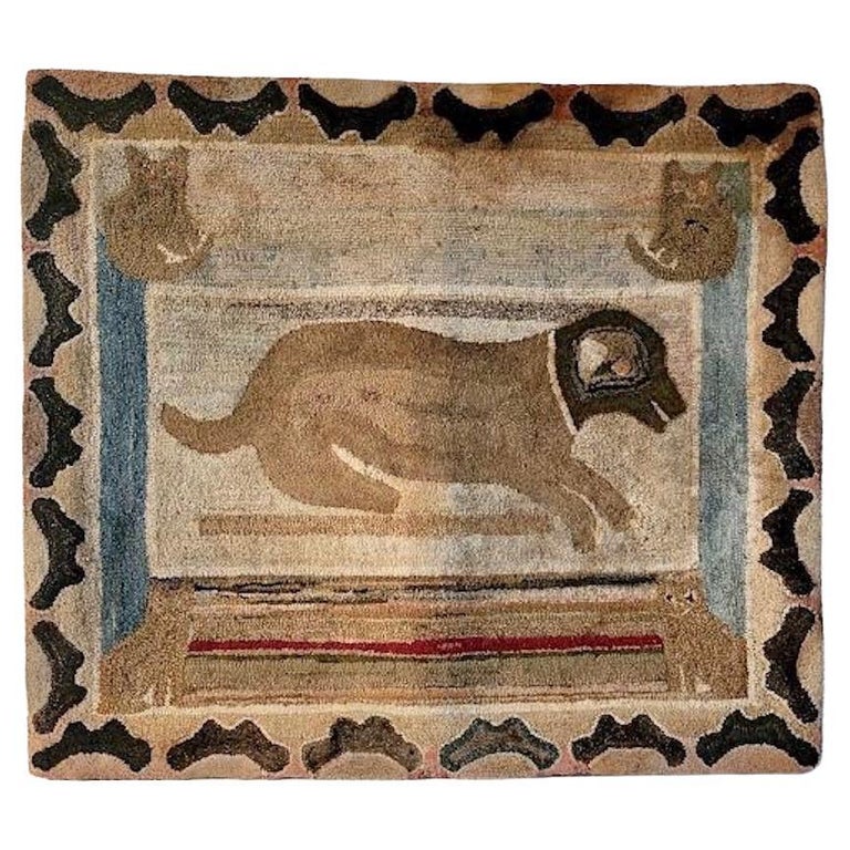 19th C Pictorial Dog and Cat Hand Hooked Rug For Sale at 1stDibs