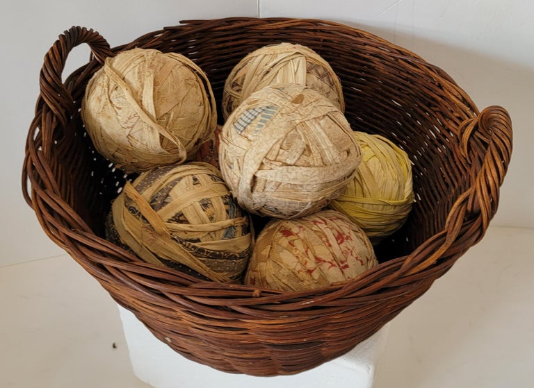 19th C Rag Balls and Handled Basket For Sale at 1stDibs
