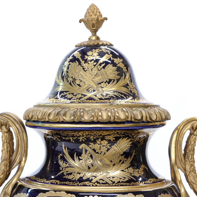 19th C. Sevres Porcelain Urns with Cobalt Blue Background For Sale at ...