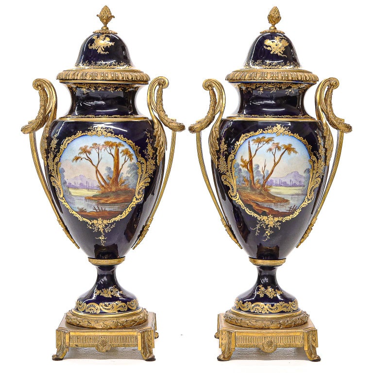 19th C. Sevres Porcelain Urns with Cobalt Blue Background For Sale at ...