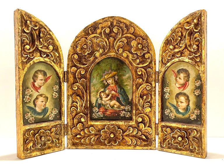 19th C. Spanish Colonial Carved Giltwood Triptych of Virgin Mary and Christ Child For Sale at ...