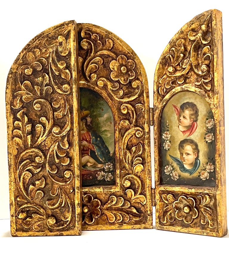 19th C. Spanish Colonial Carved Giltwood Triptych of Virgin Mary and Christ Child For Sale at ...